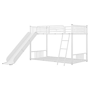 BOVZA Twin Over Twin Low Bunk Bed with Slide, Metal Bunk Bed Frame with Metal Slats Support and Guardrails for Kids Boys Girls Teens, No Box Spring Needed, White