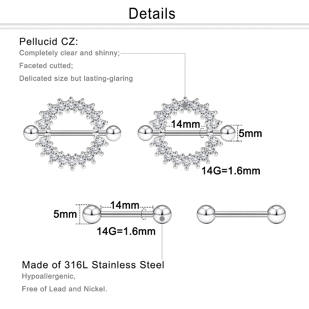 Dyknasz 14G Nipple Rings for Women Surgical Steel Nipple Piercing Jewelry Nipple Shield Barbell Ring Bar Clear Diamond CZ Set Silver-Tone