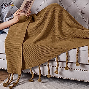 Aormenzy Brown Throw Blanket with Tassels, Knitted Throw Blanket for Couch Bed Sofa, 50" x 60"