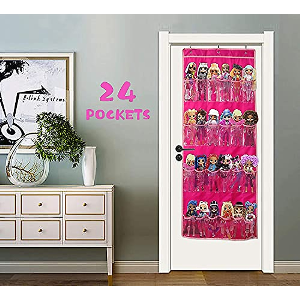 Hanging Over Door Toy Storage Organizer (24 Pockets), Compatible with Lol Omg Dolls Barbie Dolls Surprise Doll (Toys Not Included), Deeppink (57.5''x22'')