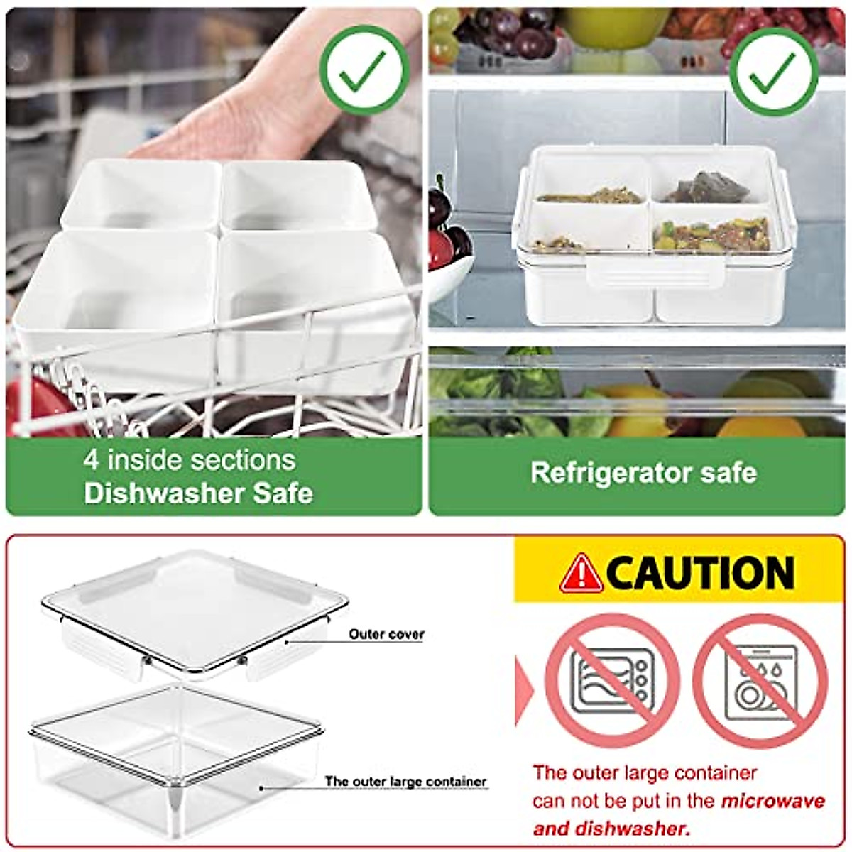 Shopwithgreen Divided Serving Tray with Lid, Removable Divided Platter Food Storage Containers with 4 Compartment for Christmas Party, Veggies, Snack, Fruit, Nuts, Candy, Cracker, Chip