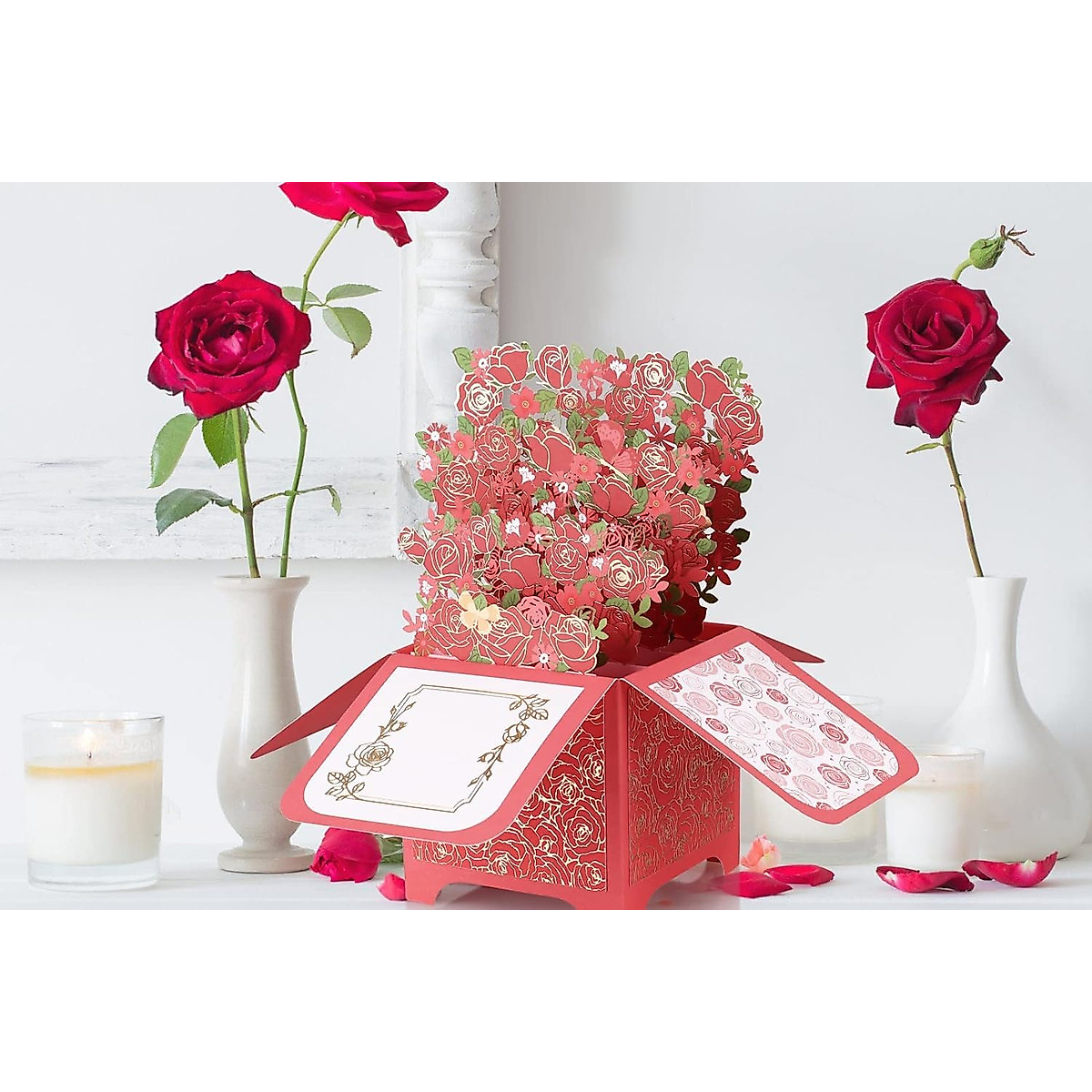 Giiffu Flowers Pop Up Card, Red Rose, 3D Paper Flowers Bouquet Greeting Cards with Note Card and Envelope for Mothers Day, Birthday, Valentine's Day, Anniversaries Card, All Occasion(7" x 6.7")