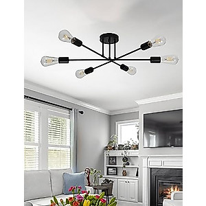 FLAMWILD Ceiling Light Fixture, Modern Sputnik Chandelier, Mid Century Industrial Lighting for Bedroom Kitchen Dining Living Room (Black)