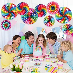 Outus 9 Pcs Rainbow Party Decorations Paper Fans Boho Classroom Decorations Boho Bulletin Board Ceiling Wall Hanging Paper Fans for Baby Shower Rainbow Birthday Decorations and Supplies
