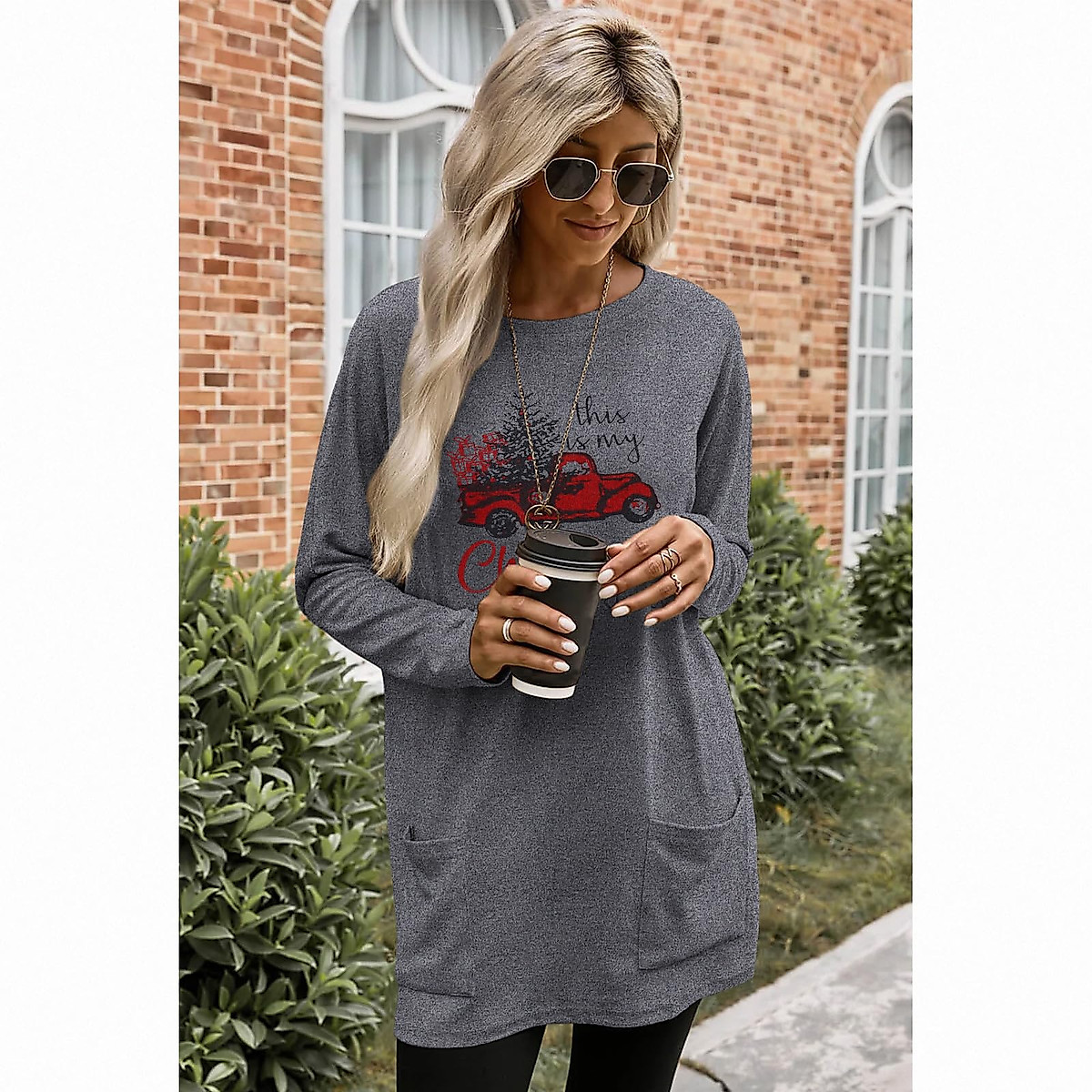 GLIGLITTR Women Dress Shirt Christmas Long Sleeve Tunic Top Christmas Movie Watching Shirt Xmas Tree Oversized T-Shirt Blouse(Grey, Large)