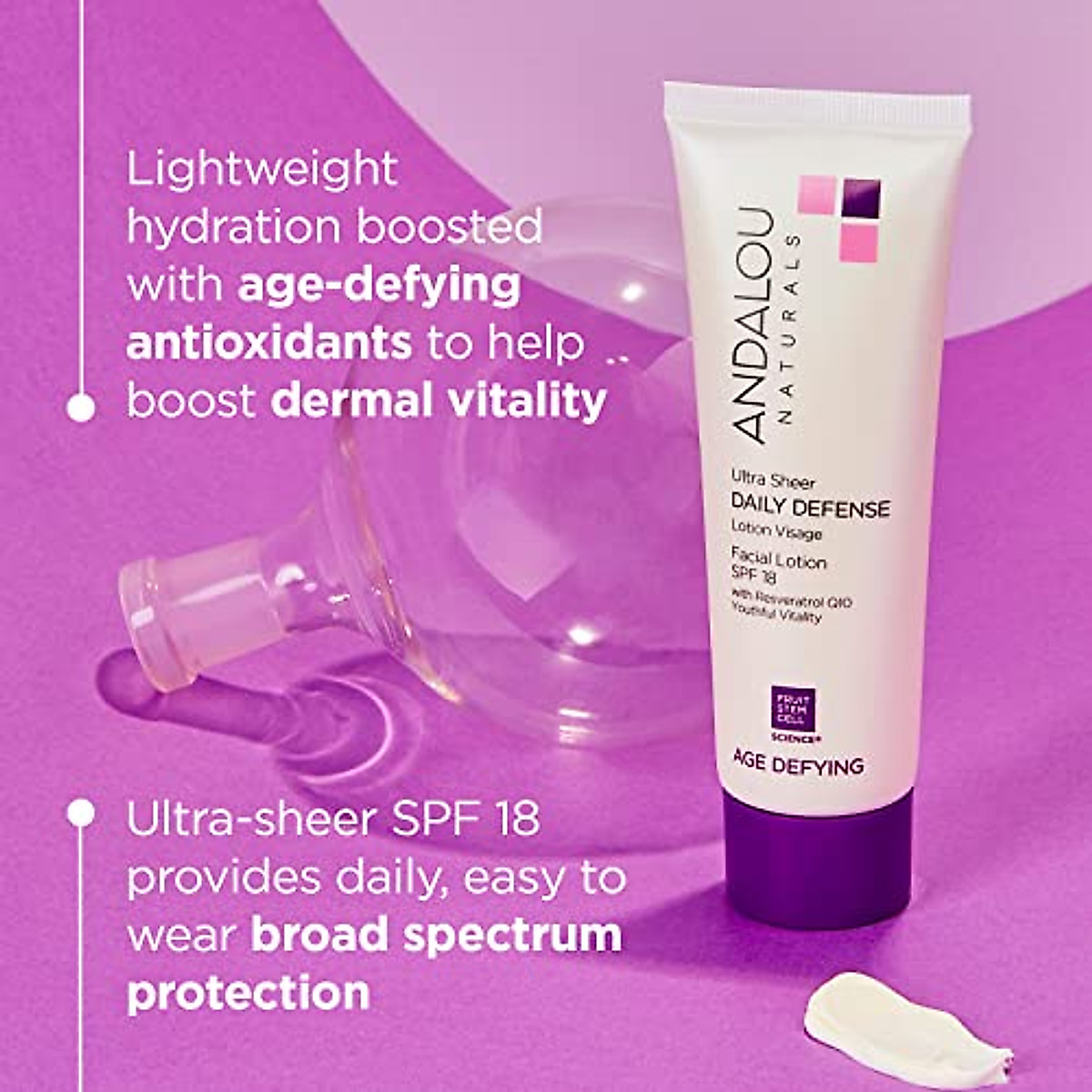 Andalou Naturals Ultra Sheer Daily Defense Facial Lotion, SPF 18, 2.7 oz, with Resveratrol CoQ10 and Antioxidants, Lightweight, Hydrating Facial Moisturizer