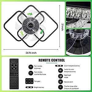 Ceiling Fans with Lights,27" Modern Flush Mount Ceiling Fan with Geometric Dimmable LED Light,Remote Controlled Ceiling Fan 6 Speed Adjustable Smart Ceiling Fans for Bedroom Living Room Decoration