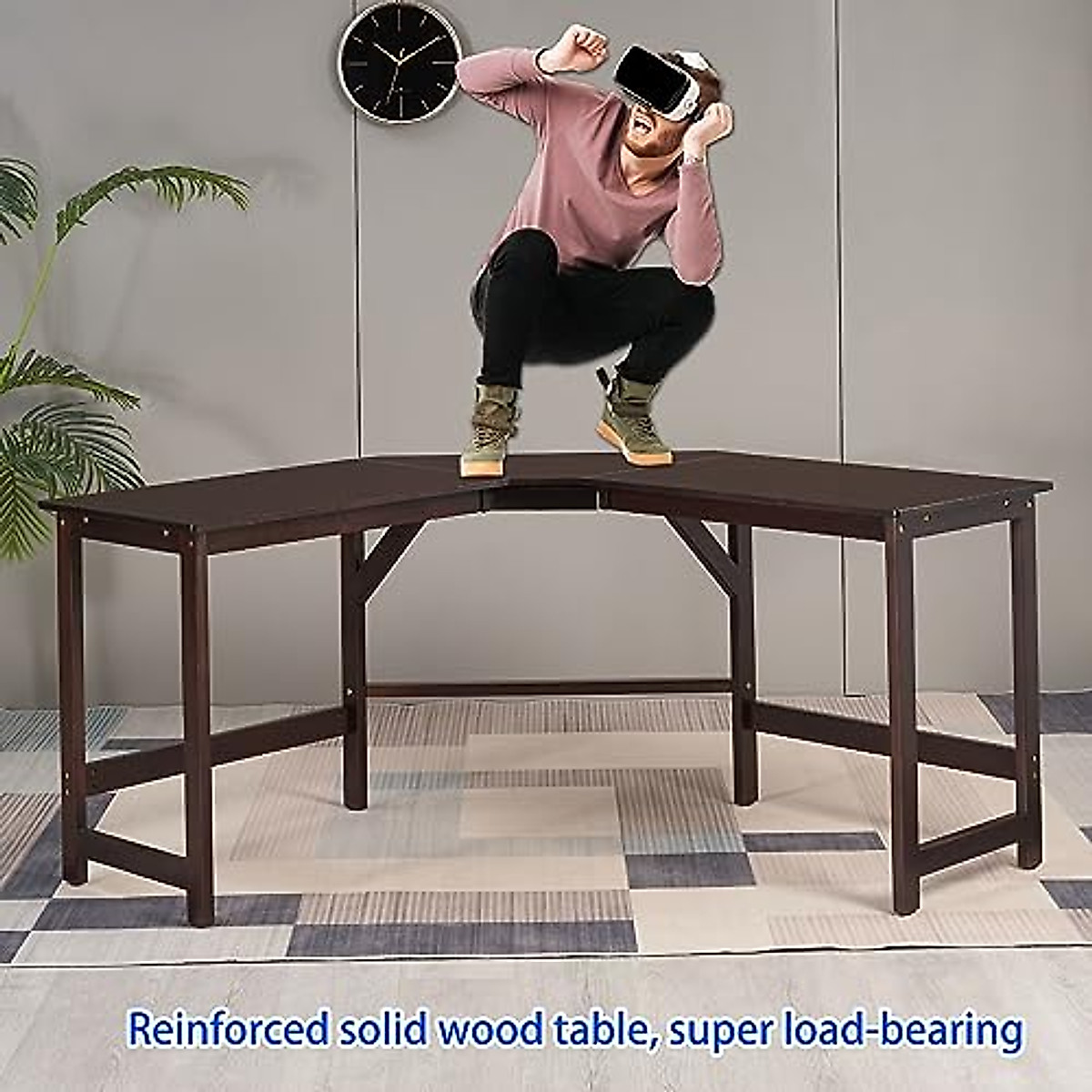 MARCTEL Premium L-Shaped Sturdy Solid Pine Wood Computer Desk, 55-Inch Plus Large Gaming Table, Home Office Writing Workstation, Espresso