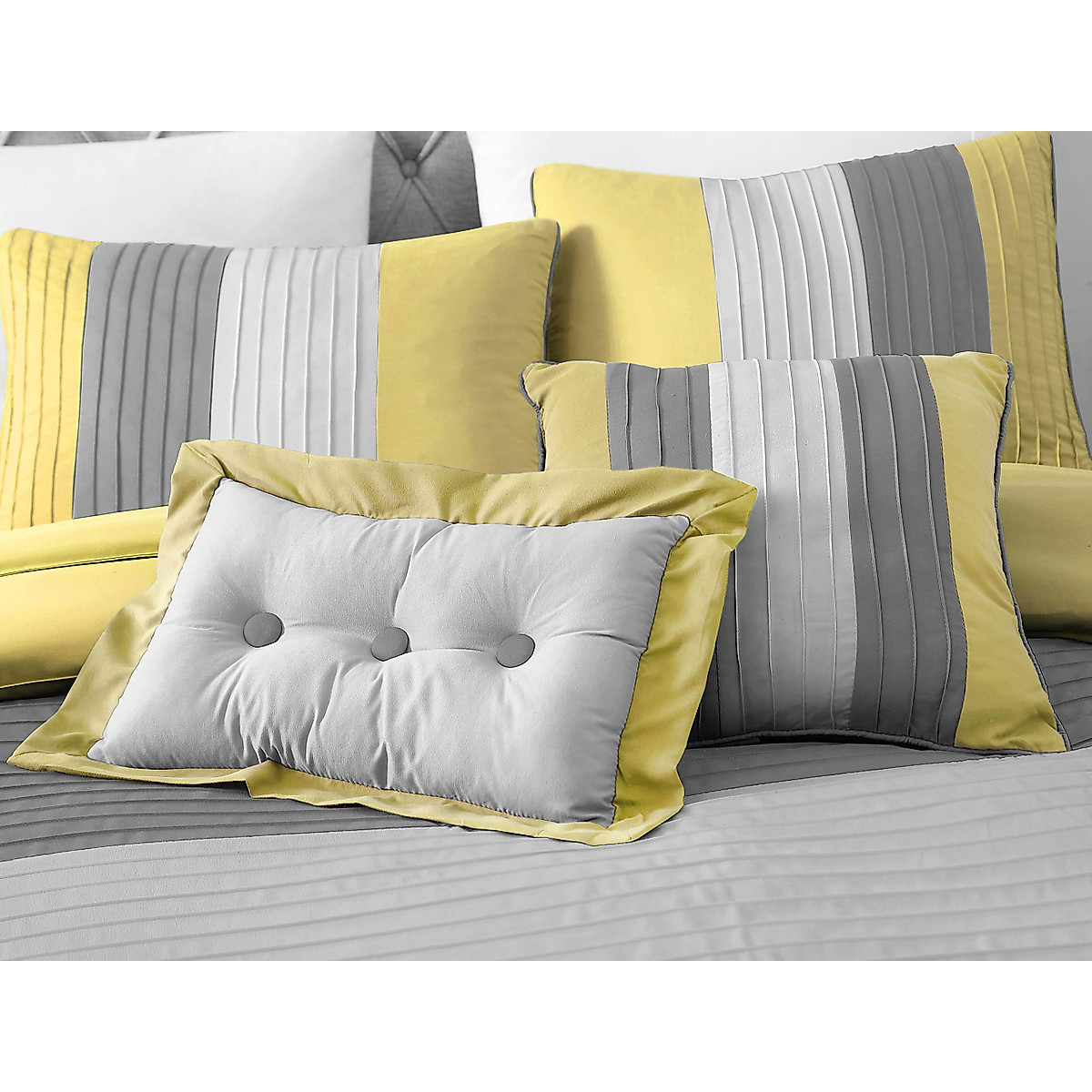 Chezmoi Collection 8-Piece Luxury Striped Comforter Set (Queen, Yellow/Gray/Paloma)