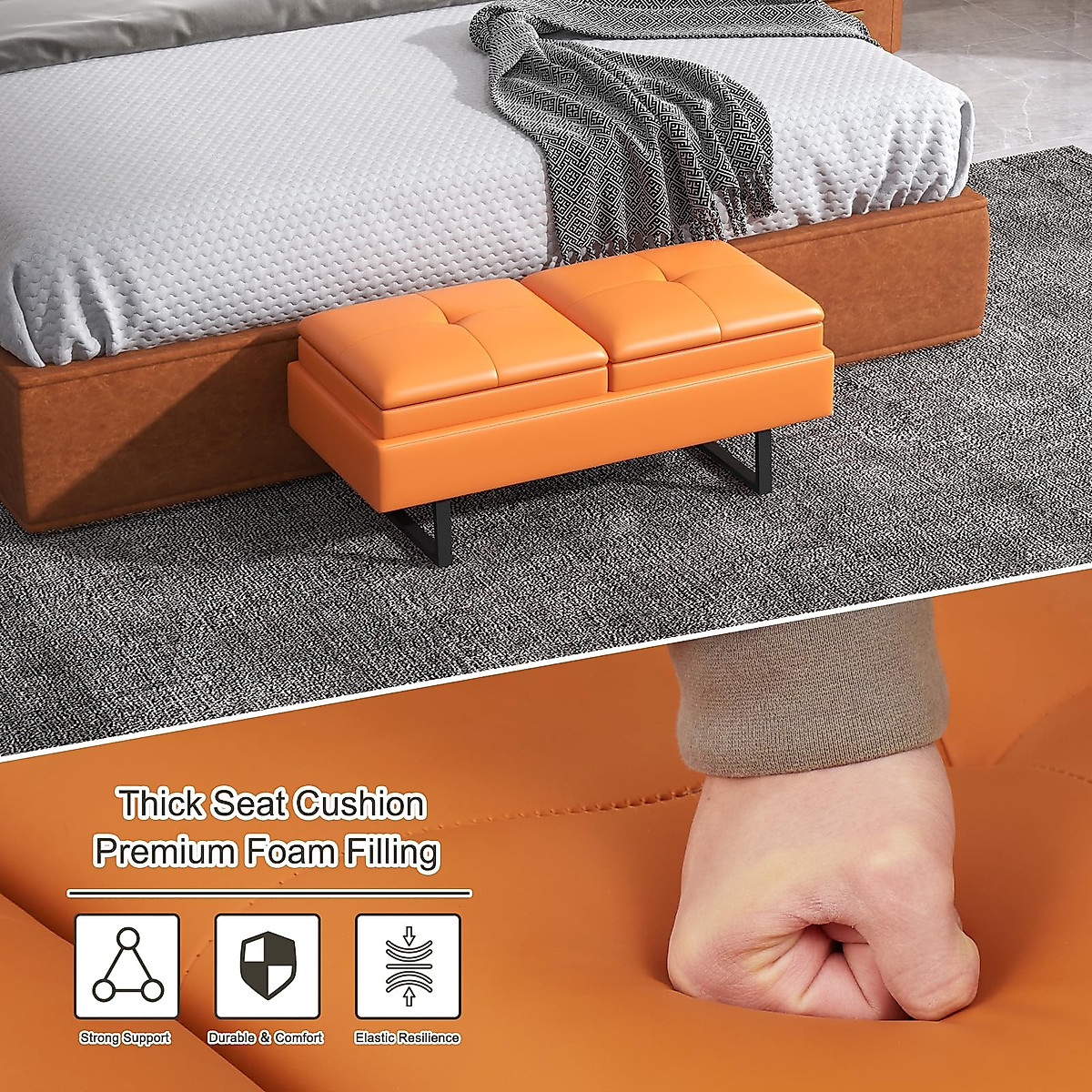 Kinfant Modern Futon Sofa Bed - 2-Seat Couch Bed with Soft Cushions for Living Room Bedroom and Small Space (PU Leather, Orange)