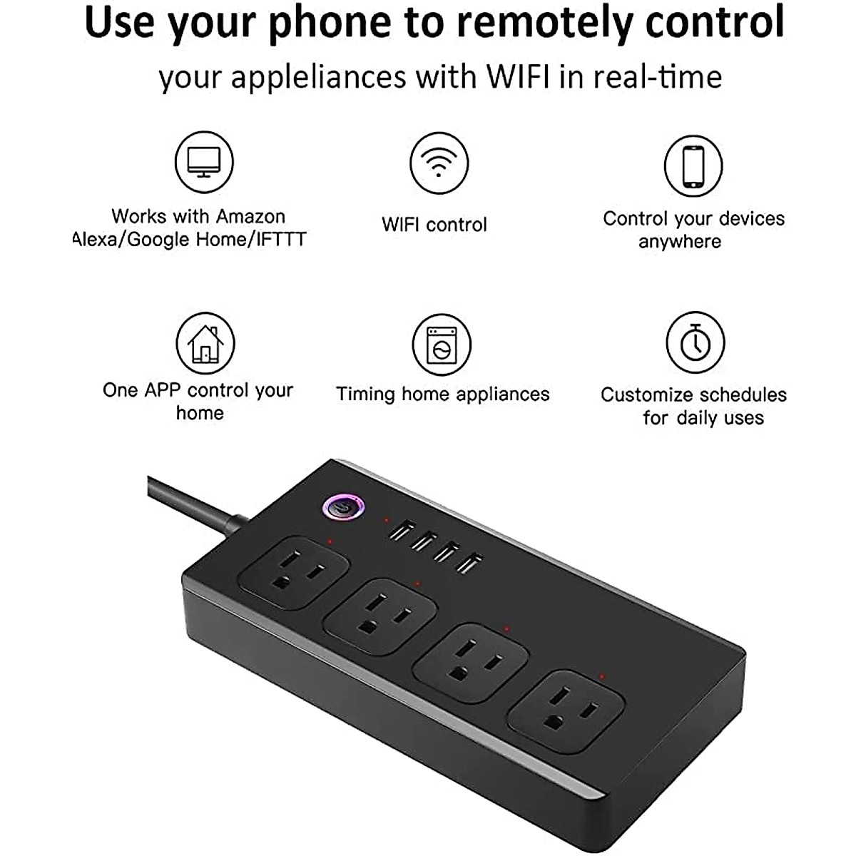 Smart Power Strip, UseeLink WiFi Surge Protector Compatible with Alexa & Google Home, Smart Plug with 4 USB Ports & 4 AC Outlets, Voice and Remote Control & Timer Schedule, 5ft Extension Cord,Black