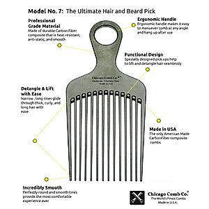 Chicago Comb Model 7 Carbon Fiber Pick Comb, for Long Thick Curly & Afro Hair Styles, Black Color, 6 inches (15 cm)