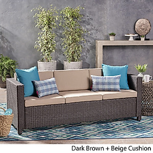 Christopher Knight Home Puerta Outdoor Wicker 3-Seater Sofa, Dark Brown / Beige Cushion