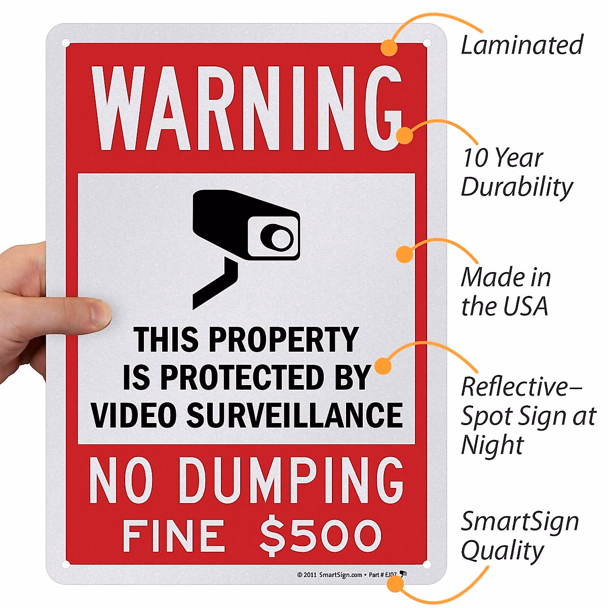 SmartSign “Warning - This Property Is Protected By Video Surveillance, No Dumping, Fine $500” Sign | 10" x 14" Engineer Grade Reflective Aluminum