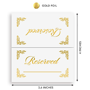 Reserved Table Sign Gold - 20 Pack - Gold Foil Hot Stamp, Reserved Signs Wedding, VIP Place Cards, Double Sides, Place Cards Double Sides (Reserved Cards 6)