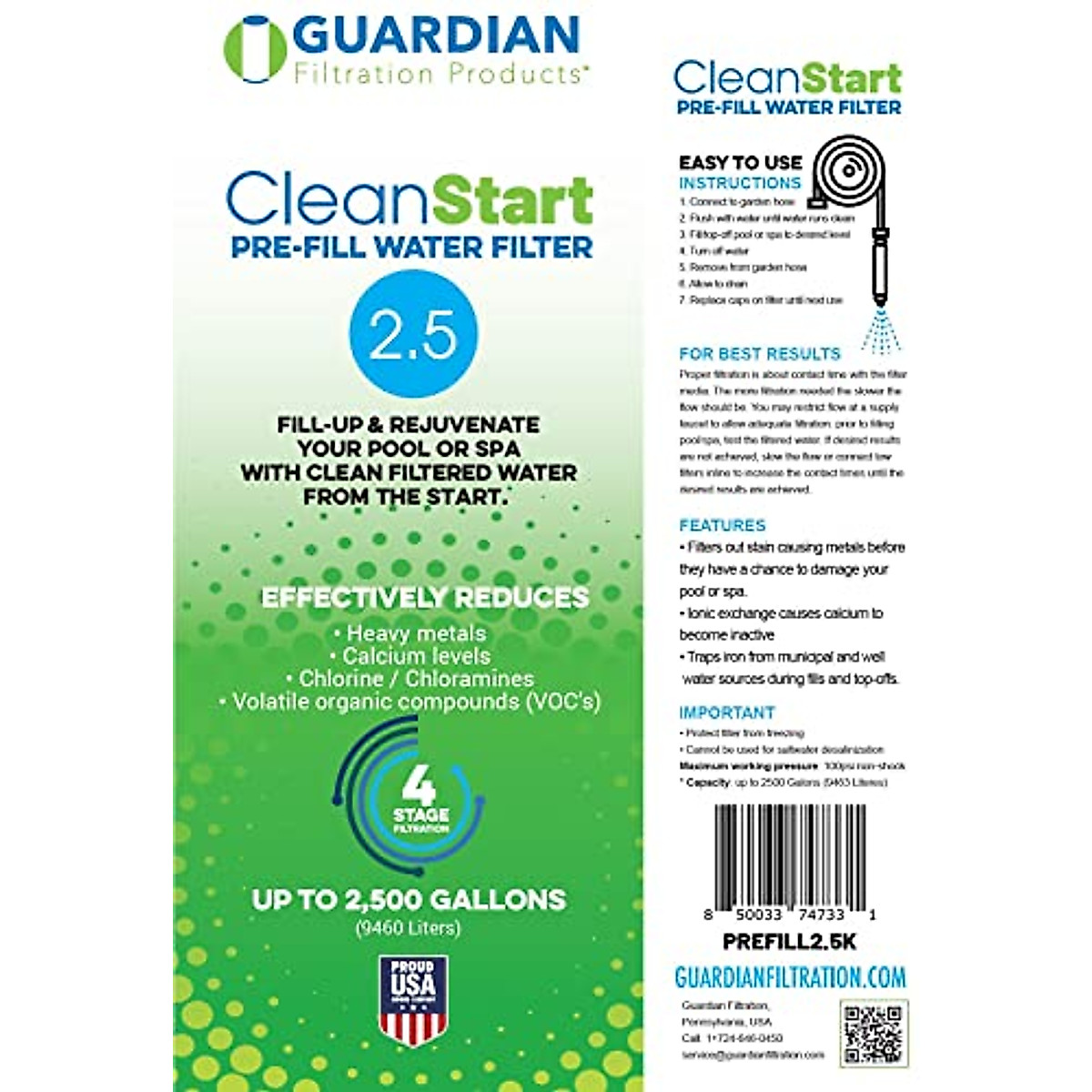 Guardian Filtration PRE Fill - Garden Hose Pre Filter to Fill Hot Tubs, Spas, Aquariums and Ponds- PREFILL2.5K 2,500 Gallon Water Pre-Filter
