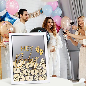 Unittype 71 Pcs Large Size Baby Shower Guest Book Alternative Baby Shower Sign in Guestbook Photo Frame with 70pcs Wood Chips Signature Keepsake for Baby Shower Favor Birthday Party(Grey, Footprint)