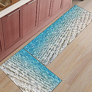 Big buy store Kitchen Rug Sets 2 Piece Beach Theme Non Slip Anti Fatigue Floor Mats Clear Sea Sand Ocean Comfort Soft Absorb Cushioned Standing Doormat Runner Rugs (19.7x31.5+19.7x47.2 inch)