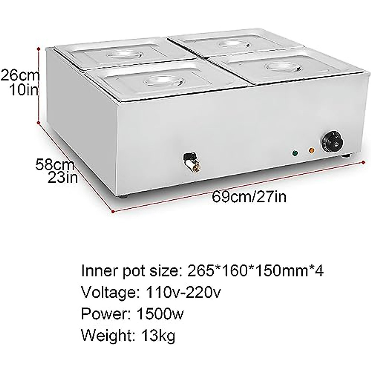 Commercial 1500W Electric Food Warmer, Stainless Steel Steam Table Buffet Server Food Warming Tray, Temperature Control, for Catering and Restaurants