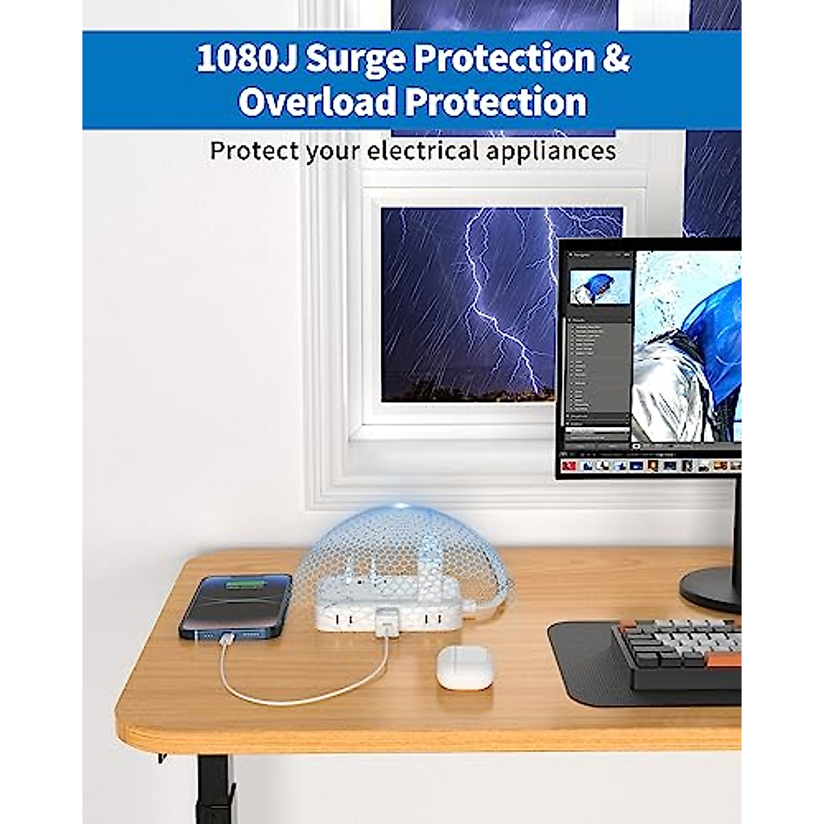 Flat Extension Cord 25 ft, NTONPOWER 2-Side Outlet Extender Surge Protector Power Strip with 6 Outlets 4 USB Ports, Mounted, Overload Protection for Indoor, Home, Office, Dorm Room Essentials