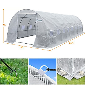 YITAHOME 26'x10'x7' Heavy Duty Greenhouses Large Walk-in Greenhouse Tunnel Green Houses Outdoor Gardening Upgraded Galvanized Steel Stake Ropes Zipper Door 9 Crossbars Garden, White