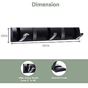 Hallops Retractable Hook - Black Coat Rack Wall Mount - 15.7 x 2.3 in Metal Hardwood Base with 5 Folding Coat Hooks - Space-Saving Design Coat Hangers Ideal for Small Living Spaces Holds up to 5lbs