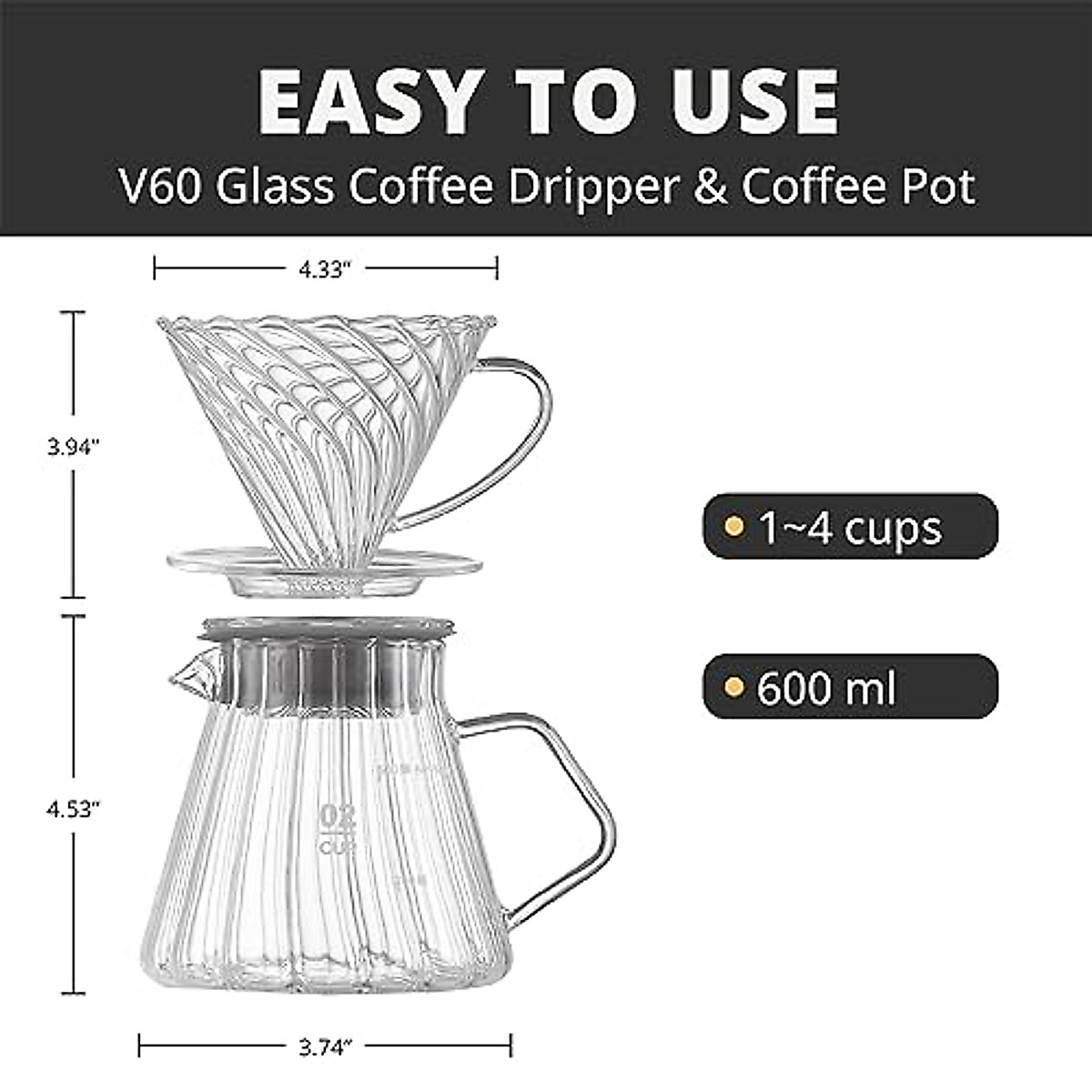 vandroop Pour Over Coffee Maker-V60 Glass Coffee Dripper with Handle and 600ml Coffee Server, Coffee Pour Over Set for Home&Office, 02 (Borosilicate Glass, 1-4 Cups)