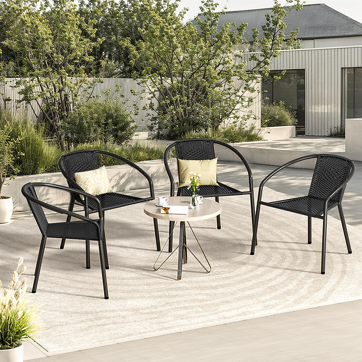 gaildon Outdoor Chairs Set of 4 Patio Chairs, Outdoor Dining Chairs - Stackable Wicker Rattan Chairs with Metal Frame for Balcony, Deck, Bistro, Backyard, Porch (4 Pack, Black)