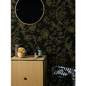 Safiyya Peel and Stick Wallpaper Gold and Black Contact Paper Floral Birds Wallpaper Peel and Stick Removable Wallpapr Boho Wallpaper Flower Contact Paper for Cabinets Vinyl Rolls 118"x17.3"