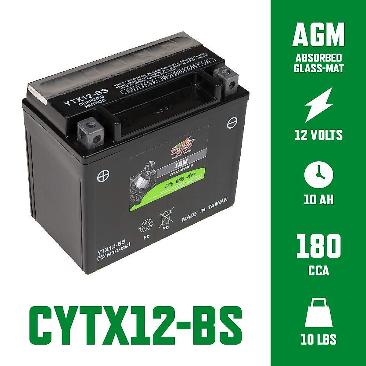 Interstate Batteries YTX12-BS 12V 10Ah Powersports Battery 180CCA AGM Rechargeable Replacement for Honda, Kawasaki, Suzuki Motorcycles, Scooters, Bikes, ATVs, UTVs (CITX12-BS)