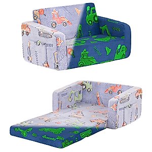 Tiita Kids Sofa Chair, 2 in 1 Toddler Fold Out Couch, Comfy Kids Sofa for Playroom-Extra Soft 2 Seats, Glow in The Dark Children Couch to Lounger for Girls Boys, Vehicles
