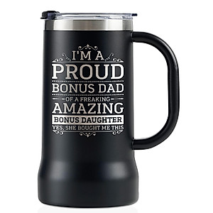Onebttl Bonus Dad Stepdad Gifts from Daughter Son, Stainless Steel Beer Stein Tumbler, 24oz Beer Mug with Lid for Father's Day