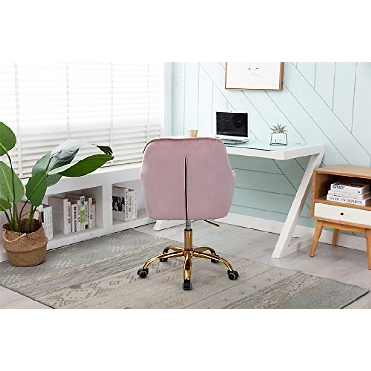 Velvet Swivel Shell Chair on Wheels,Modern Leisure Arm Chair with 360 Degrees and Adjustable Lift Heigh,Accent Home Office Chair with Golden Metal Base for Living Room,Study (Light Pink + Metal)