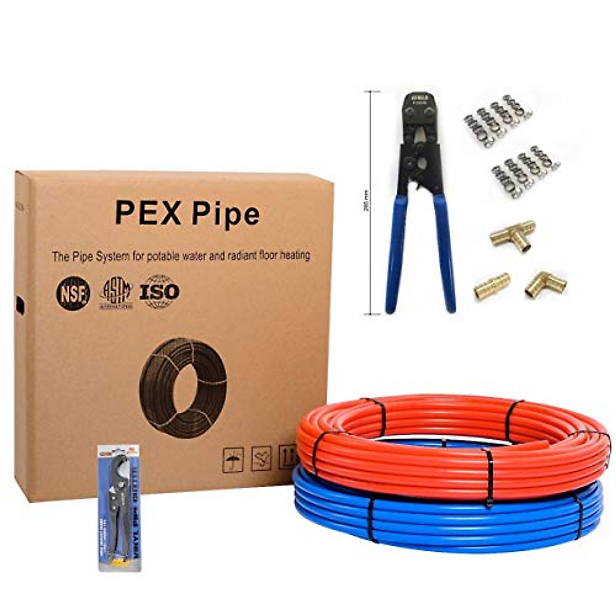 EFIELD 1/2 inch 200 ft Pex-b Pipe/Tubing 2 x100 ft Blue & Red, Pex Fittings (15), Crimp Tool, Clamps, and Cutter Combo Kit
