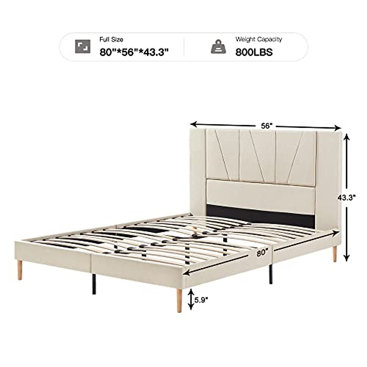 Flolinda Full Size Bed Frame Upholstered Platform with Complete Headboard and Strong Wooden Slats, No Box Spring Needed, Easy Assembly,Beige