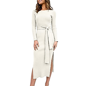 ANRABESS Womens Long Sleeve Sweater Dress Crew Neck Slim Fit Slit Tie Waist 2025 Ribbed Knit Bodycon Midi Dress Fall Outfits 623mibai-S White