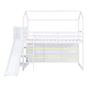 BOVZA Twin House Loft Bed with Slide, Storage Shelves and LED Light, Wood Twin Low Loft Bed Frame with Roof and Ladder, Playhouse Loft Bed for Kids Boys Girls Teens, White