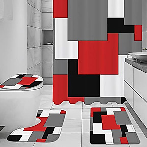 Gibelle 4 Pcs Geometric Red Shower Curtain Set with Non-Slip Rugs, Toilet Lid Cover and Bath Mat, Black Grey Modern Bathroom Decor Set with Shower Curtain and Rugs and Accessories