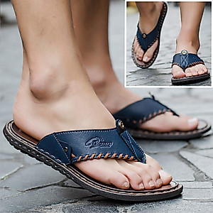 MXTSH Mens Flip Flops Casual Leather Home Sandals For Mens Rubber Sole Slippers (US Size 9.5(43), Blue Flip Flops)