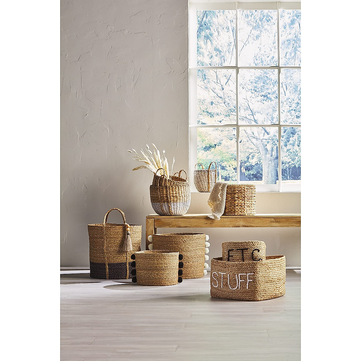 Mud Pie Seagrass Basket Set, White, 13 1/2" x 13" dia