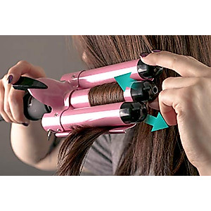 Alure Three Barrel Curling Iron Wand with LCD Temperature Display - 1 Inch Ceramic Tourmaline Triple Barrels, Dual Voltage Crimp (Pink)