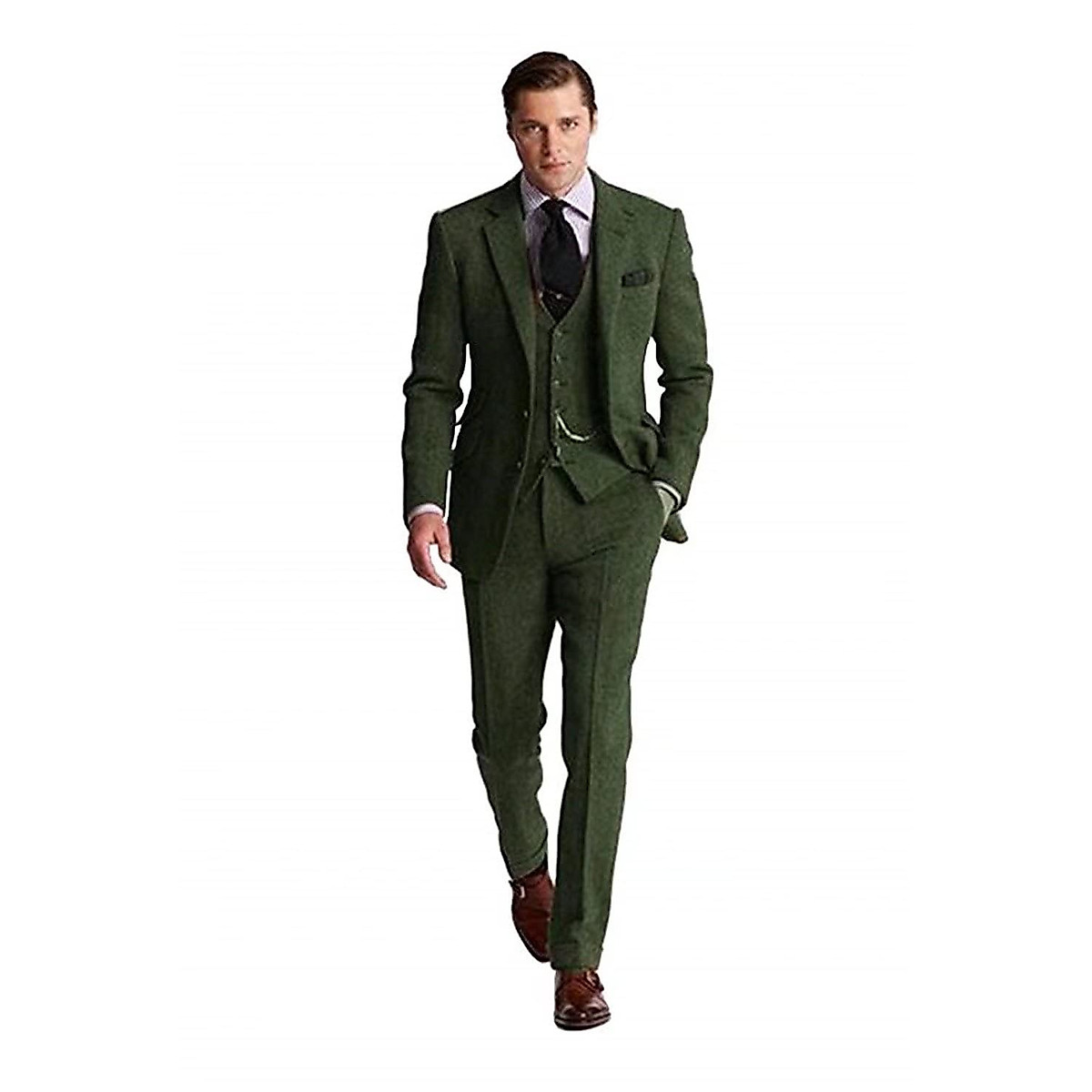 Retro 3 Piece Brown Grey Tweed Herringbone Men's Suits Slim Fit Groom Tuxedos Prom Blazer Custom Jacket