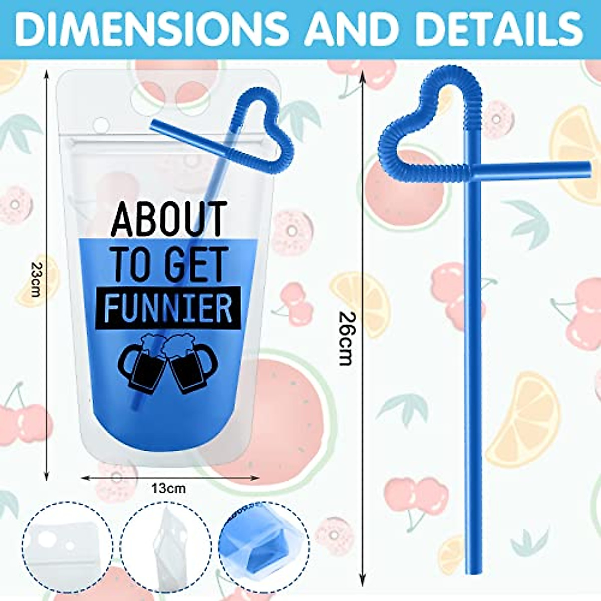 Drink Pouches with Straws Plastic Drink Bags with Zipper Party Beverage Bags Juice Pouches for Adults and Teens (36 Sets,9 Styles)