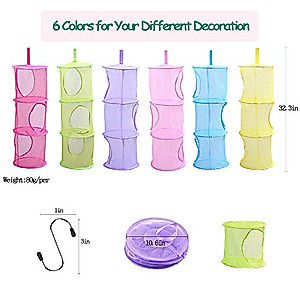 AUHOKY 6Pcs Hanging Mesh Storage Organizer Bag with 6Pcs S Hook, Foldable Toy Space Saver Basket with 3 Shelf for Kids Room Closet Bathroom Balcony - 32.3'' x 10.6''(6 Colors)