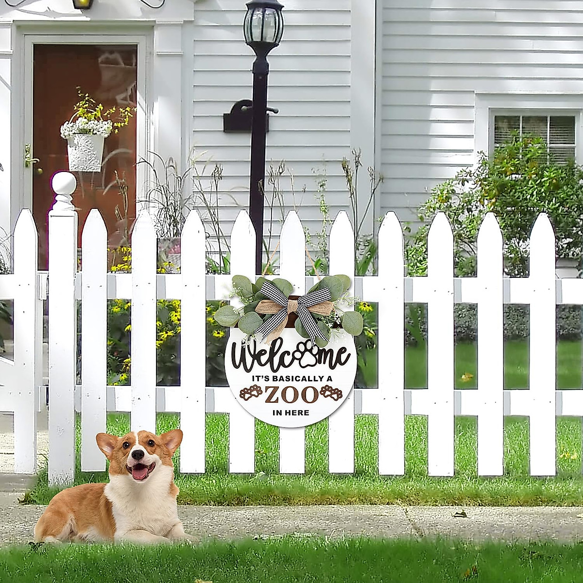 TOARTi 3D Rustic Humorous Front Door Welcome Sign, It's Basically A Zoo In Here, Funny Pet Lover Home Porch Wall Decor, 11.8''x11.8'' Wooden Sign with Black Letters & Bow-knot Wreath