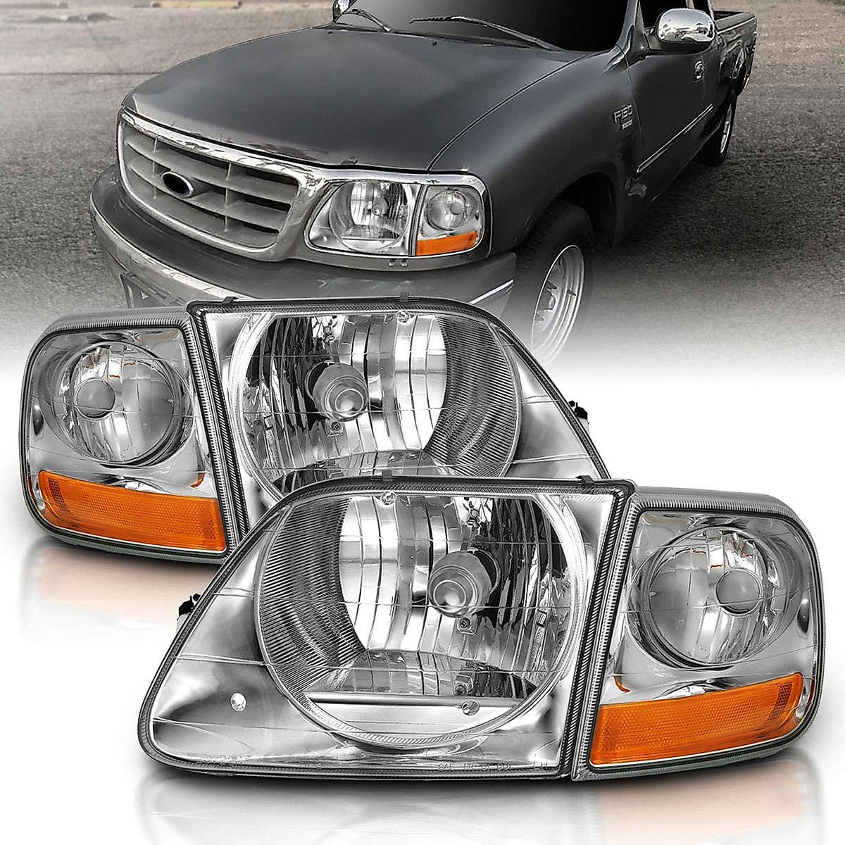 AmeriLite Replacement Crystal Halogen Car Headlights with Corner Parking Set For Ford F150 F-150 Harley Lighting - Driver and Passenger, Vehicle Light Assembly, Chrome