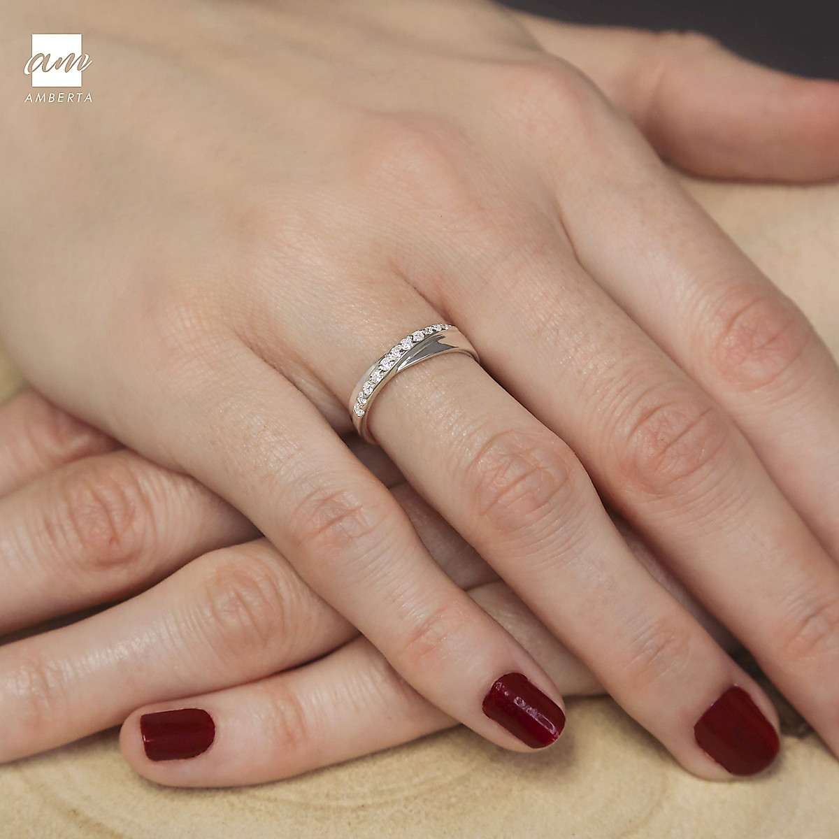 Amberta Women's 925 Sterling Silver Ring Crossover Band with Zirconia Stones: Inside Circumference 51.2 mm - Size 5.75