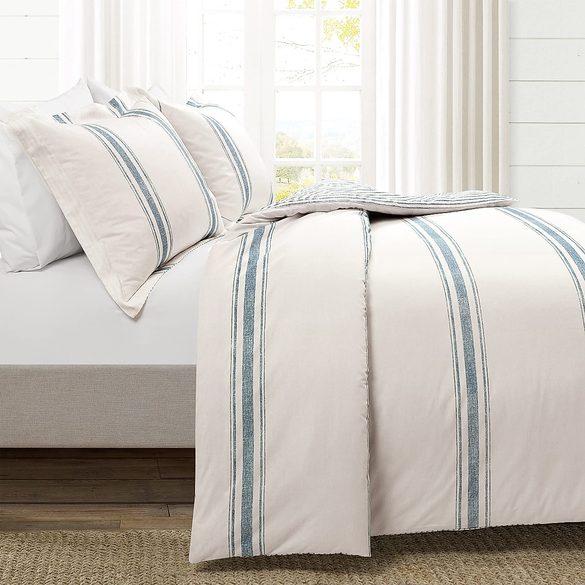 Lush Decor Comforter Farmhouse Stripe, King, Blue