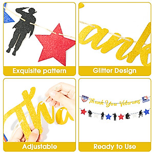 JAPBOR 2Pcs Gold Glitter Thank You Veterans Banner, Memorial Day Patriotic Veterans Day Party Decorations, Glitter Red White Blue Stars Soldiers Veterans Sign Decor Supplies for Home Background Wall