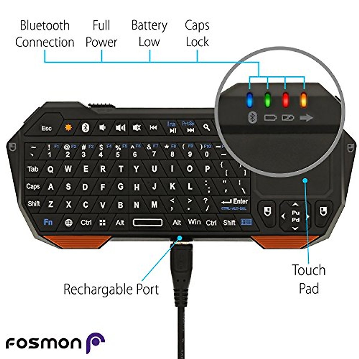 Fosmon Mini Bluetooth Keyboard (QWERTY Keypad), Wireless Portable Lightweight with Built-In Touchpad, Compatible with Apple TV, PS4, HTPC/IPTVVR Glasses, Smartphones and more